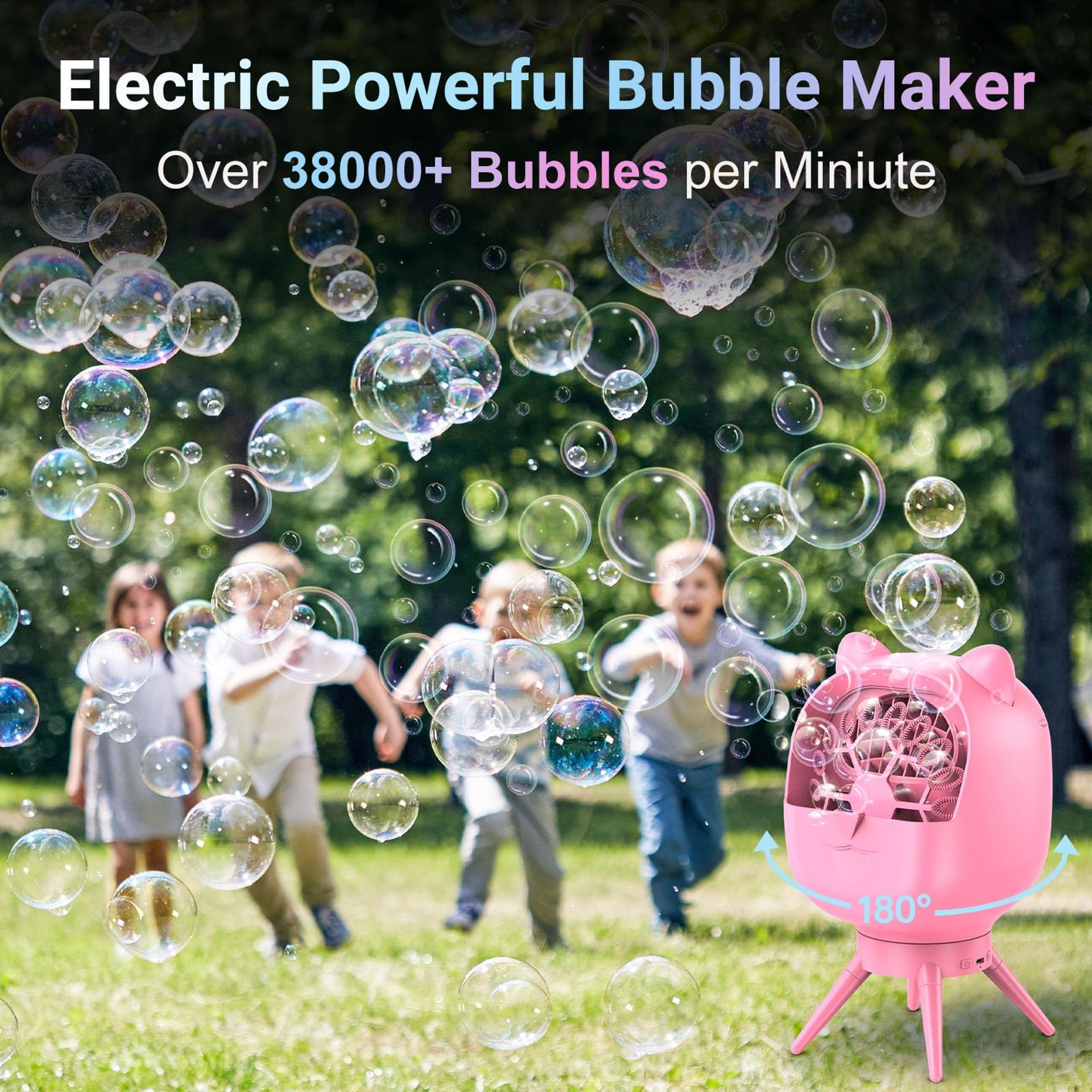 Rechargeable Bubble Machine For Kids, Rotating 500ml Blower With 2 Speeds