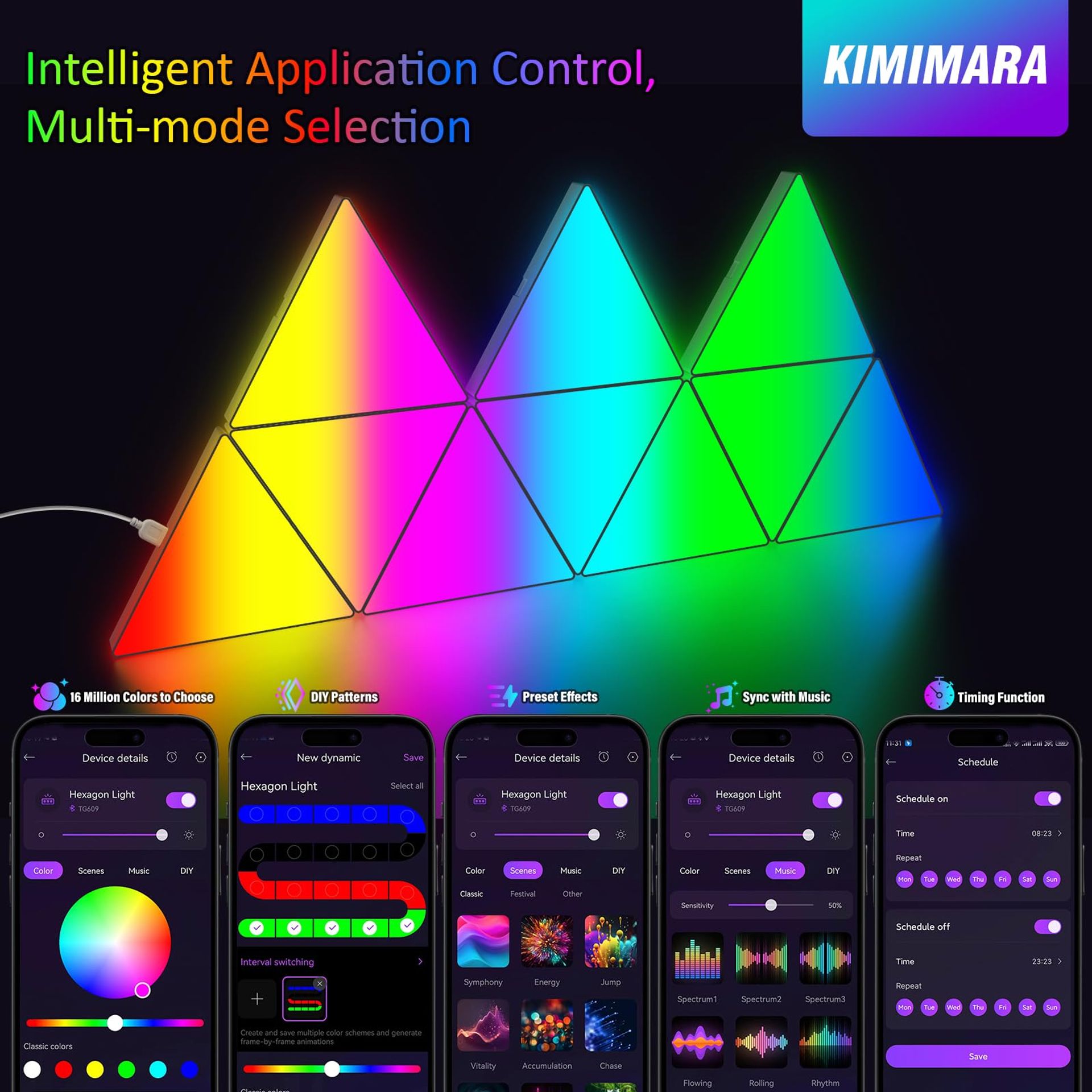Large Triangle RGB LED Light Panels - 8 Pack Smart Wall Lights With Music