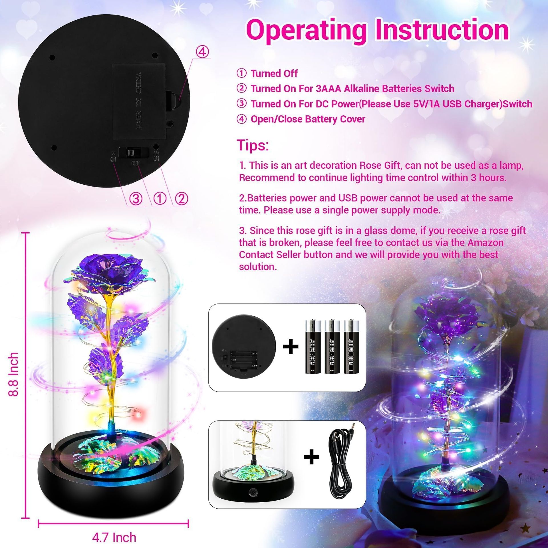Rotating Colourful Purple LED Rose In Glass Dome - Perfect Gift For Her
