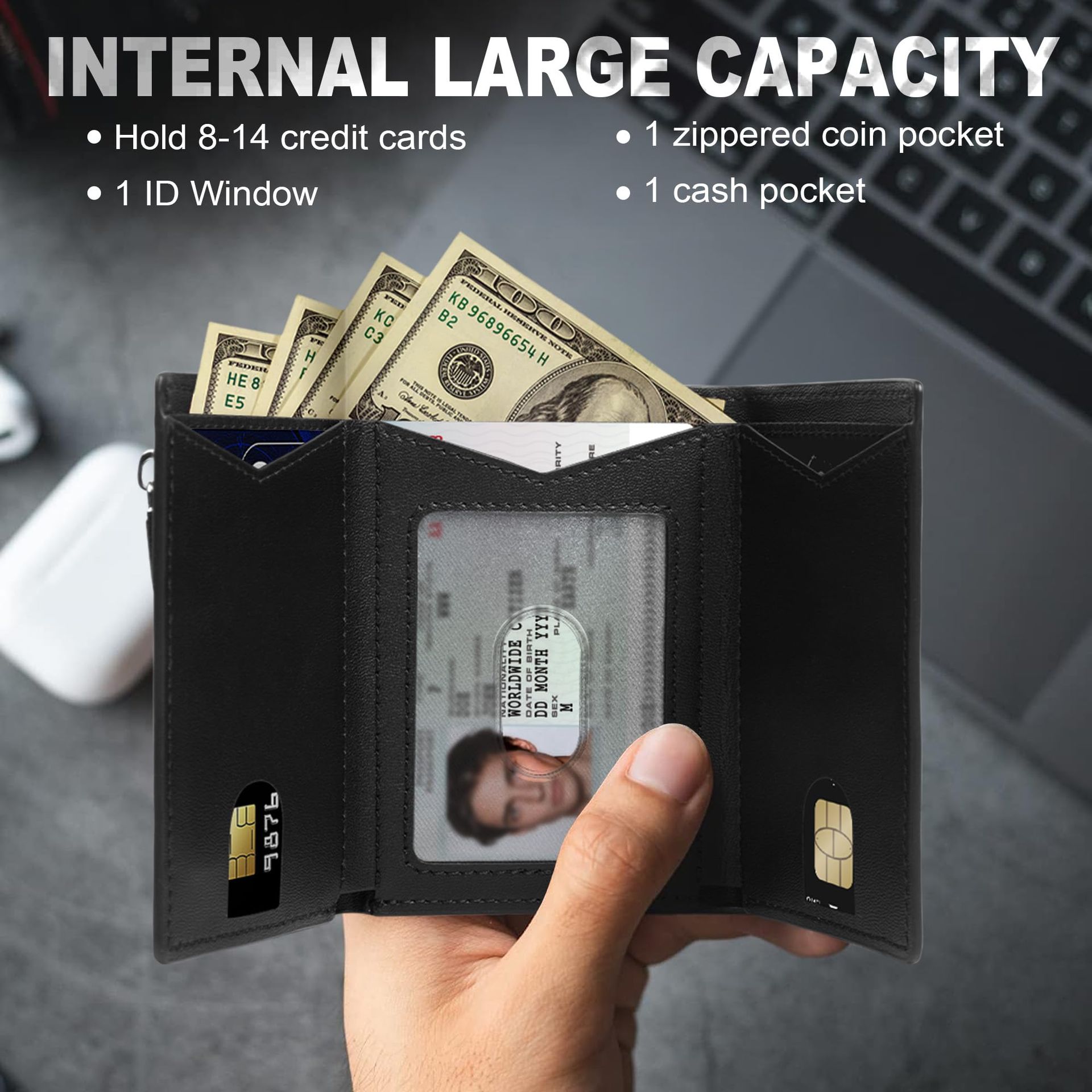 Men'S RFID Blocking Wallet Compact Card Holder With Coin Pocket & ID Wind