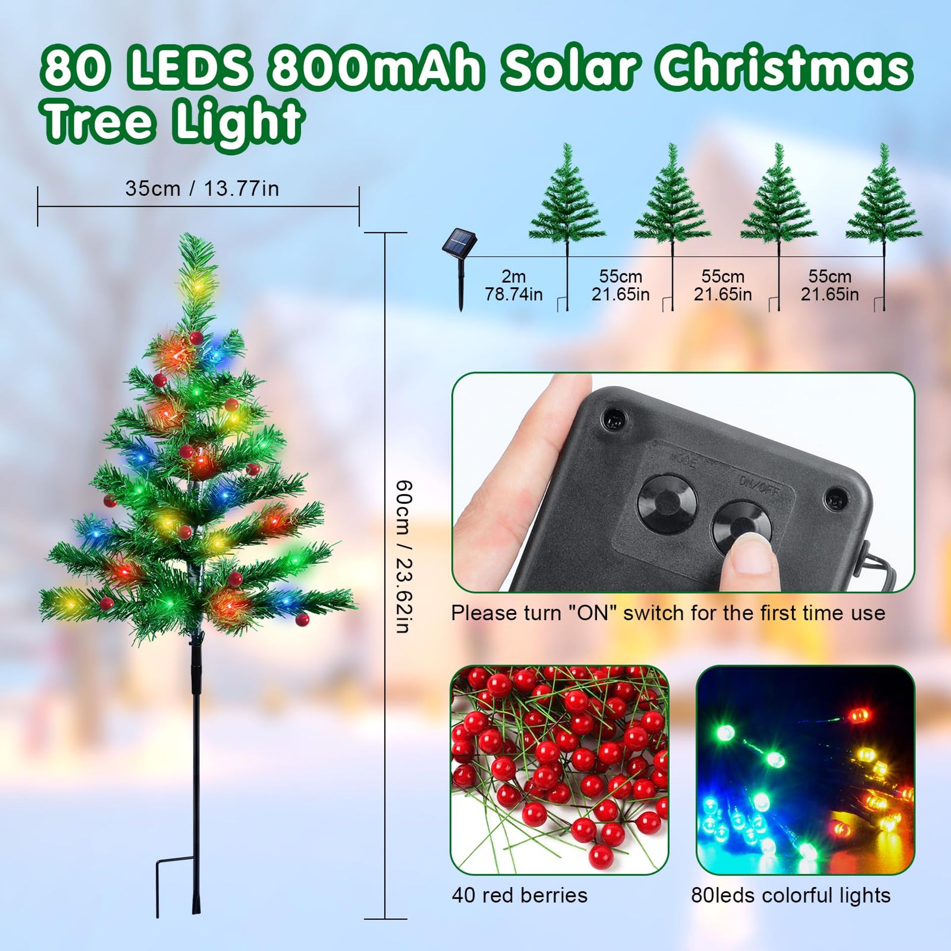 Solar Christmas Tree Stake Lights 4-In-1 Outdoor 80 LEDs 8 Modes - Green