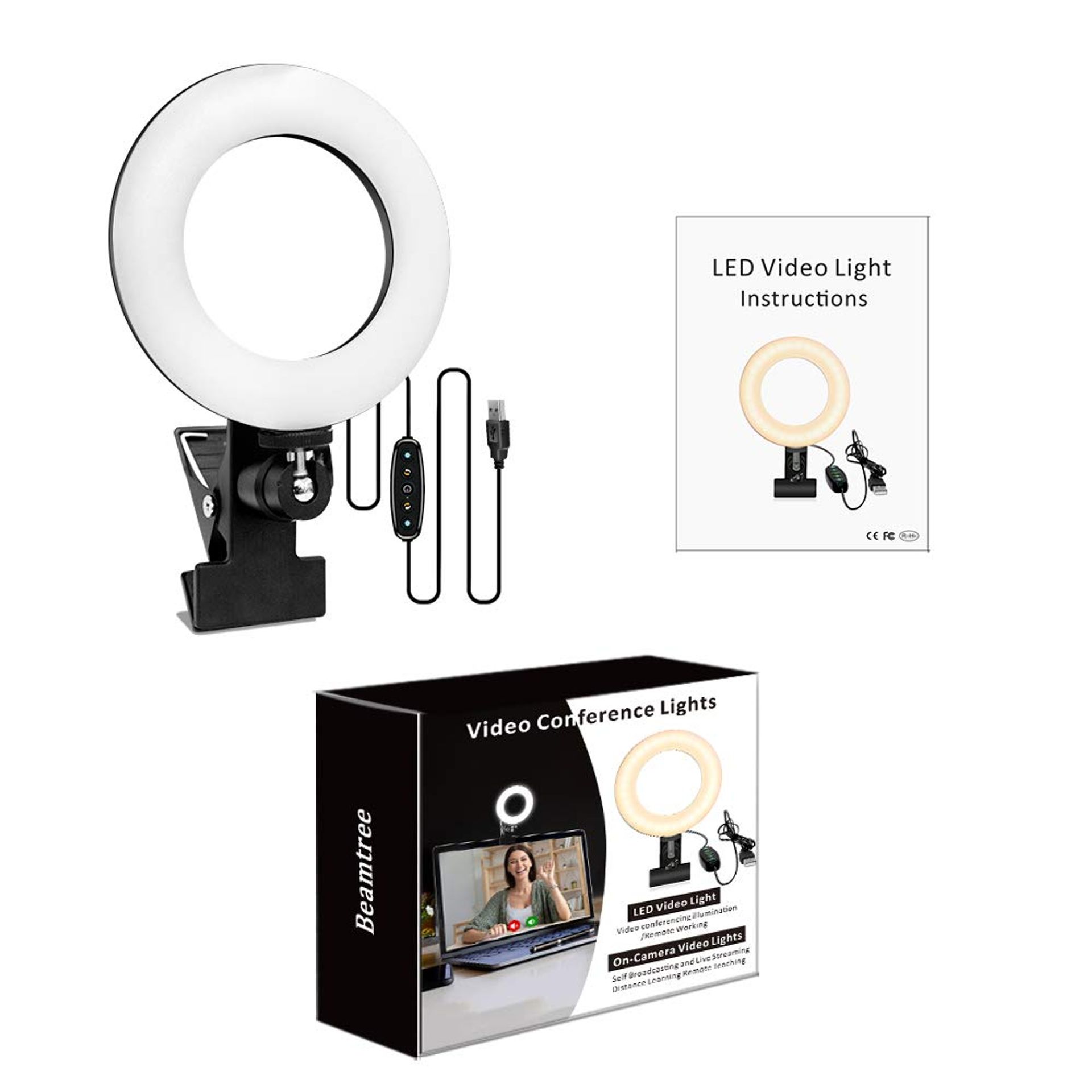 Video Conference Lighting Kit Clip-On LED Ring Light For Laptop, Monitor